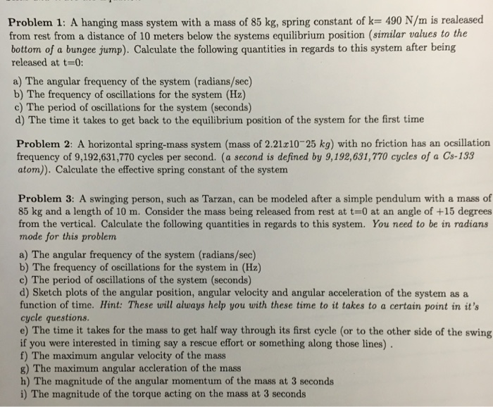 Solved A hanging mass system with a mass of 85 kg, spring | Chegg.com