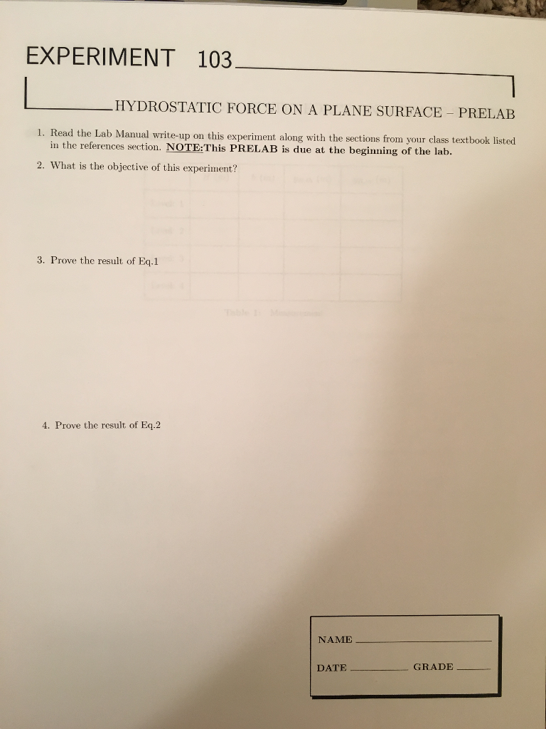 Solved EXPERIMENT 103 HYDROSTATIC FORCE ON A PLANE SURFACE - | Chegg.com