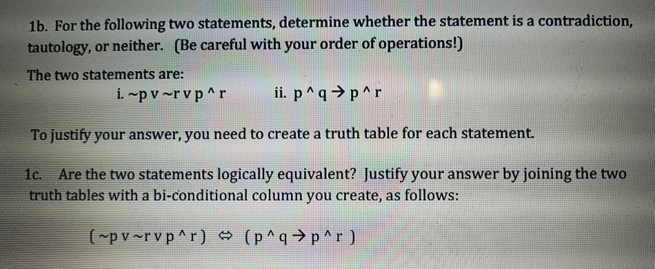 Solved 1b. For the following two statements, determine | Chegg.com
