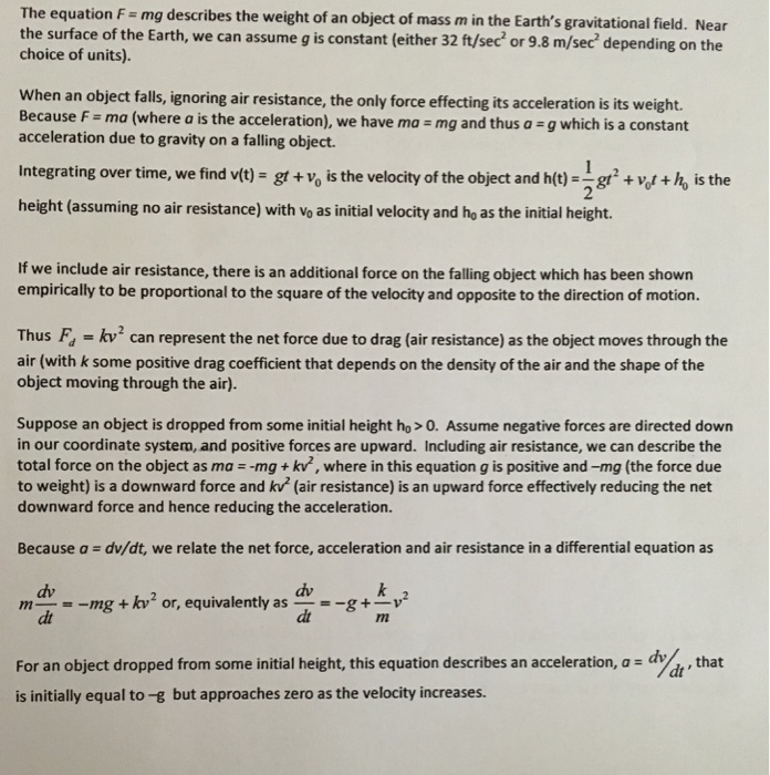 Solved The equation F = mg describes the weight of an object | Chegg.com