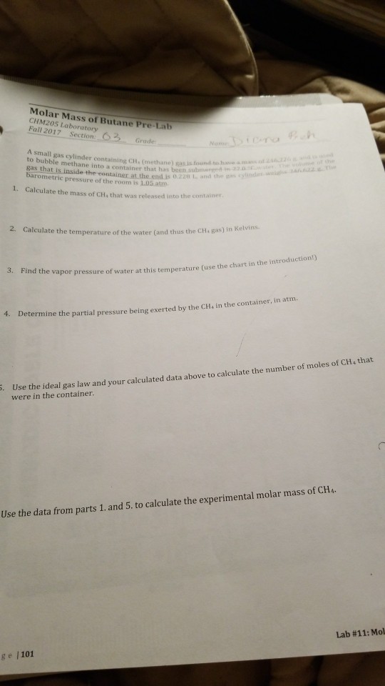 Molar Mass of Butane Pre-Lab CHM205 Laboratory Fall | Chegg.com