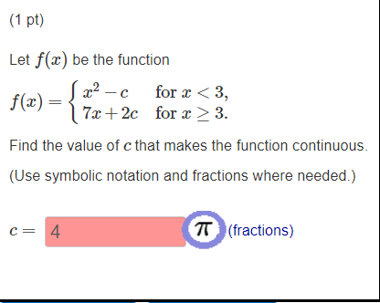 Solved (1 pt Let f(z) be the function r2 -c 72+2c for x