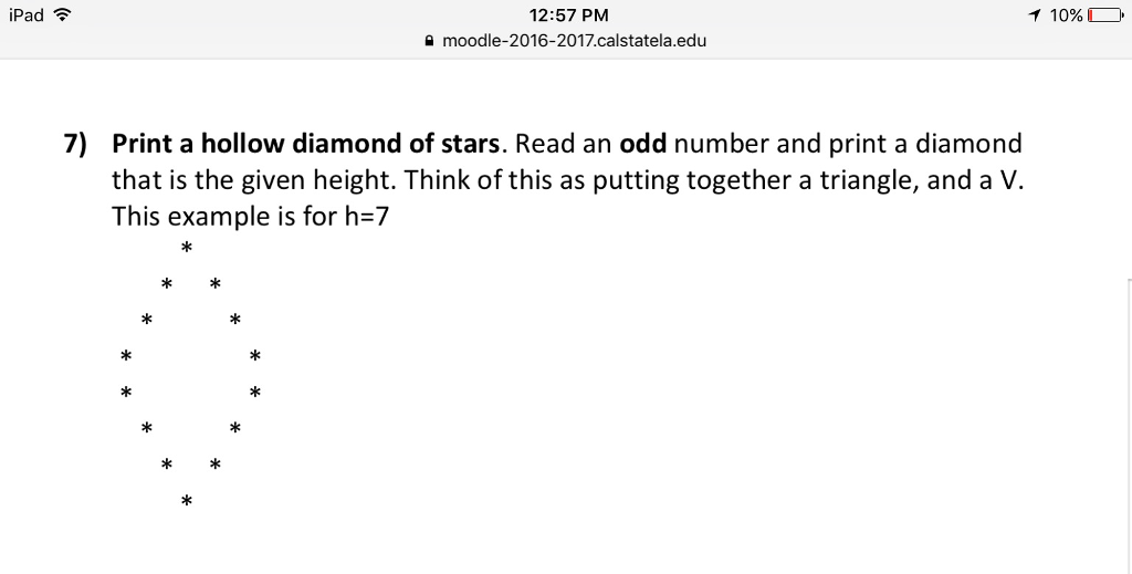 Solved Print a hollow diamond of stars. Read an odd number | Chegg.com