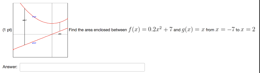 Solved 1 pt) Find the area enclosed between f (x) 0.2x2 +7 | Chegg.com Solved 1 pt) Find the area enclosed between f (x) 0.2x2 +7 | Chegg.com