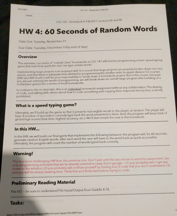 Solved 12 11 2017 Listen Csc 141 Homework 4 Fall 2017