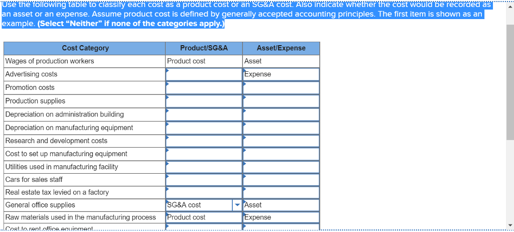 Solved Use the following table to classify each cost as a | Chegg.com