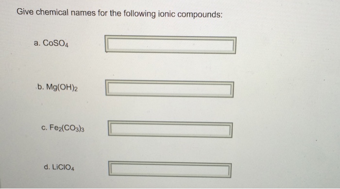 Solved Give chemical names for the following ionic | Chegg.com