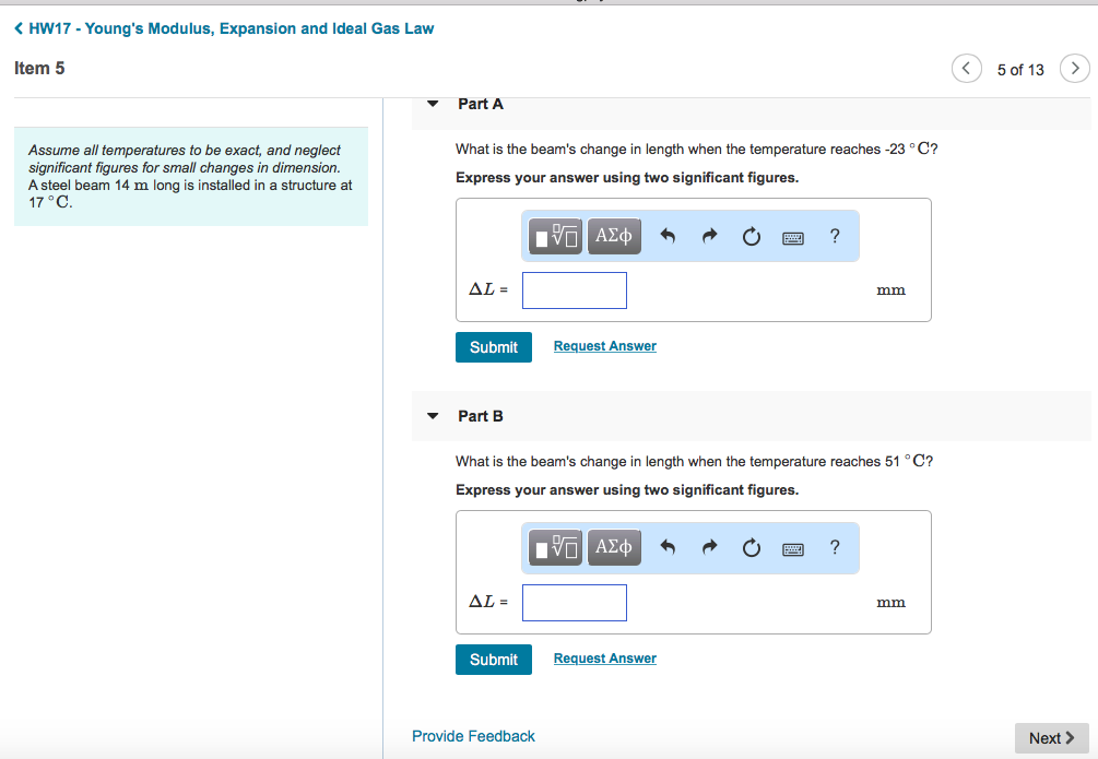 Solved HW17-Young's Modulus, Expansion and ideal Gas Law tem | Chegg.com