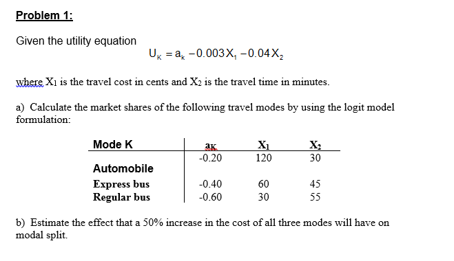 Solved Given the utility equation U_K = a_k -0.003X_1 - | Chegg.com