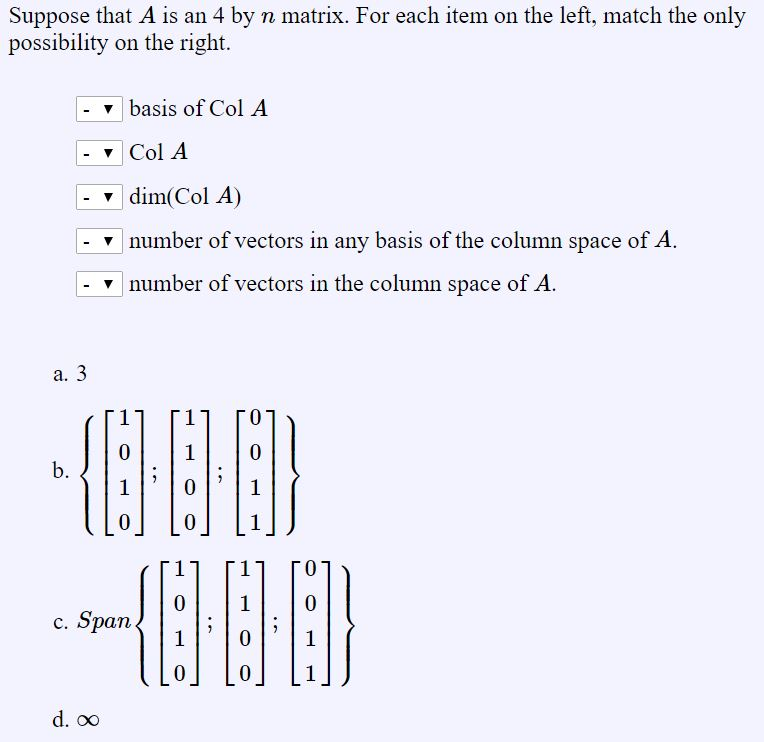 Solved Suppose that A is an 4 by n matrix. For each item on | Chegg.com