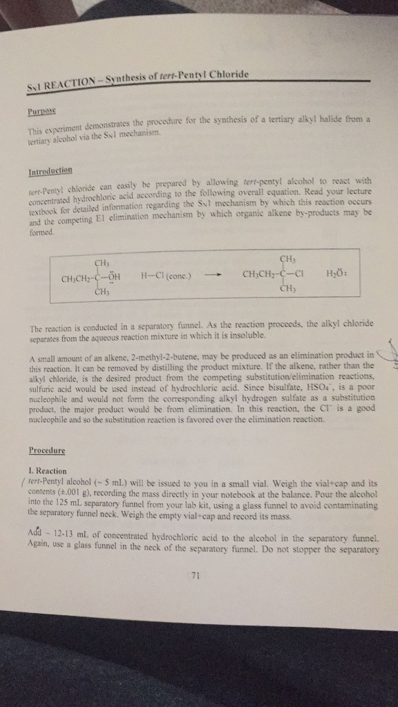 Solved SI REACTION-Sunthesis of ter Pentyl Chloride Purpose | Chegg.com