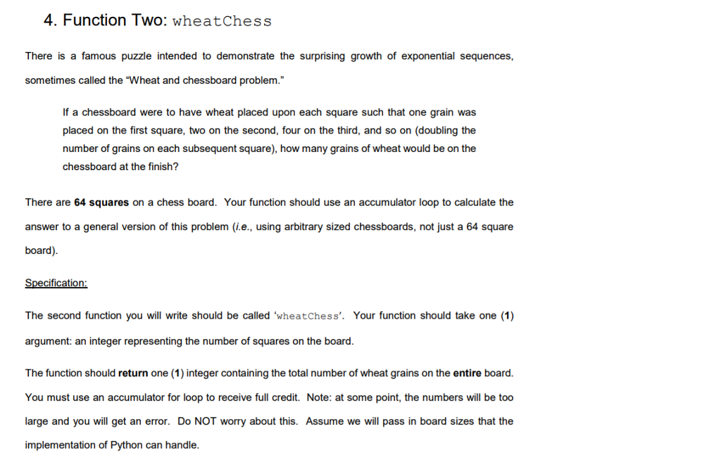 Solved 4. Function Two: wheatChess There is a famous puzzle | Chegg.com