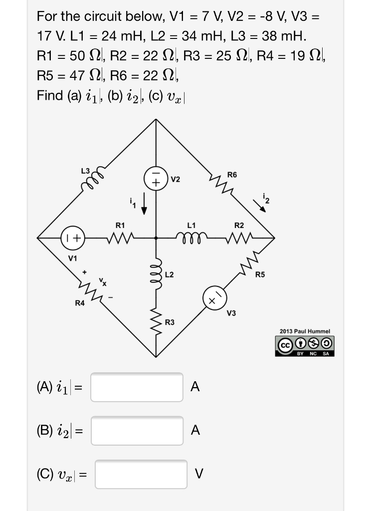 Solved For the circuit below, V1 = 7 V, V2 = -8 V, V3 = 17 | Chegg.com
