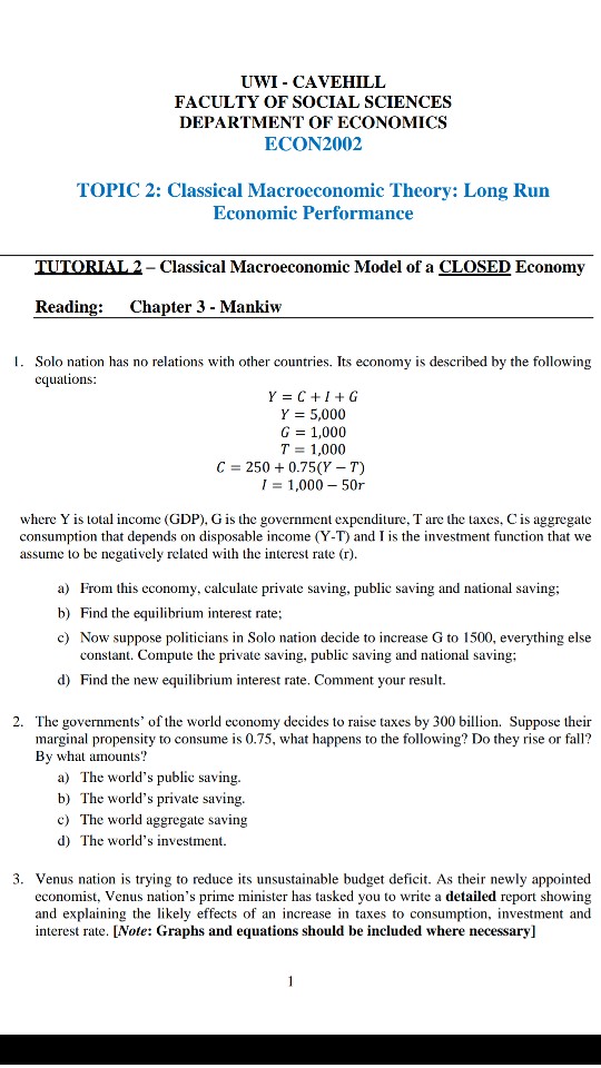 Solved UWI CAVEHILL FACULTY OF SOCIAL SCIENCES DEPARTMENT OF | Chegg.com