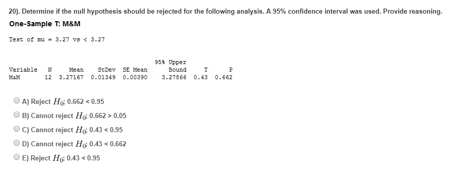Solved 20). Determine if the null hypothesis should be | Chegg.com