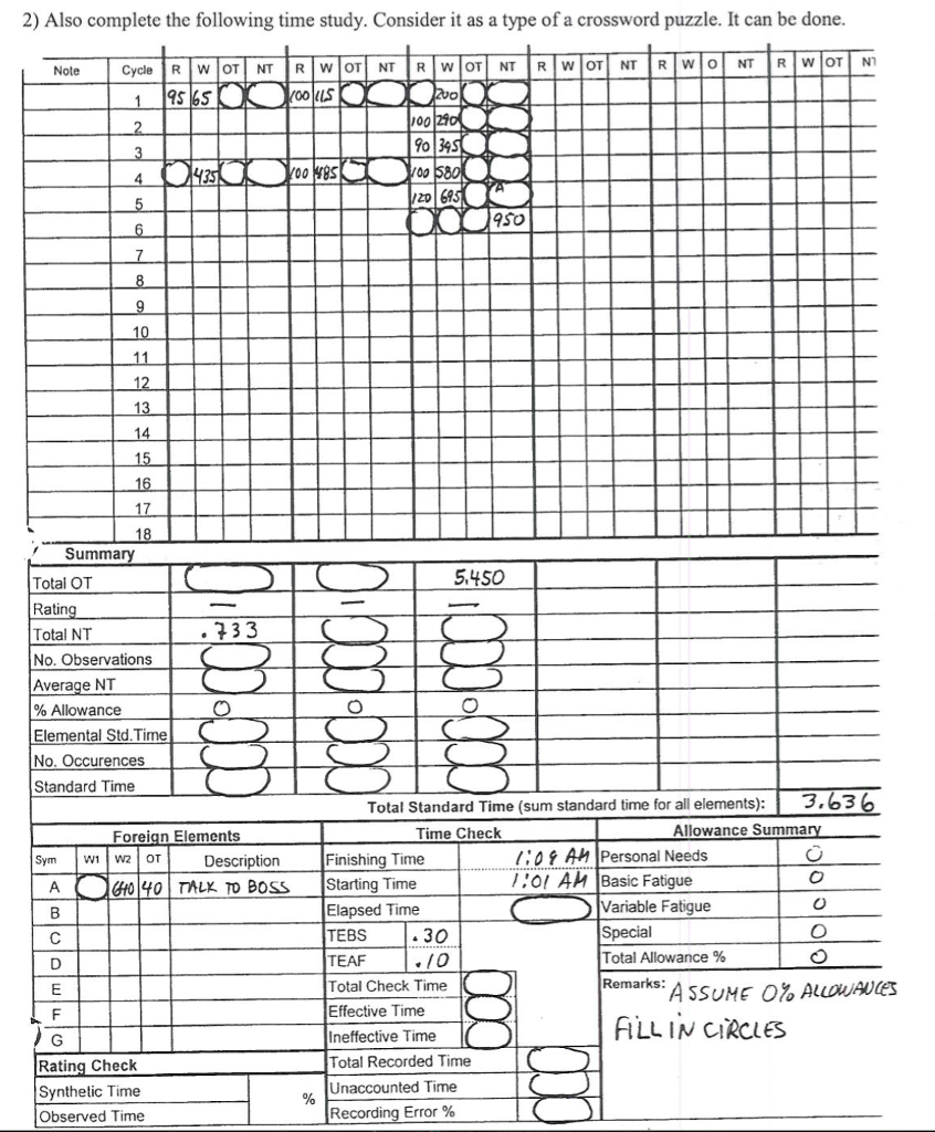 2) Also complete the following time study. Consider | Chegg.com