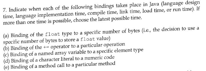 Solved 7. Indicate when each of the following bindings takes | Chegg.com