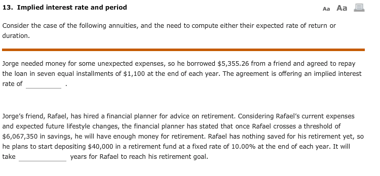 Solved 13. Implied interest rate and period Aa Aa Consider | Chegg.com