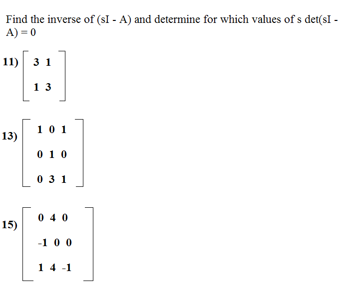 Solved Find the inverse of (sI - A) and determine for which | Chegg.com
