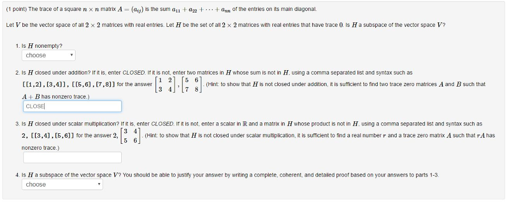 Solved The trace of a square n×nn×n matrix A=(aij)A=(aij) is | Chegg.com