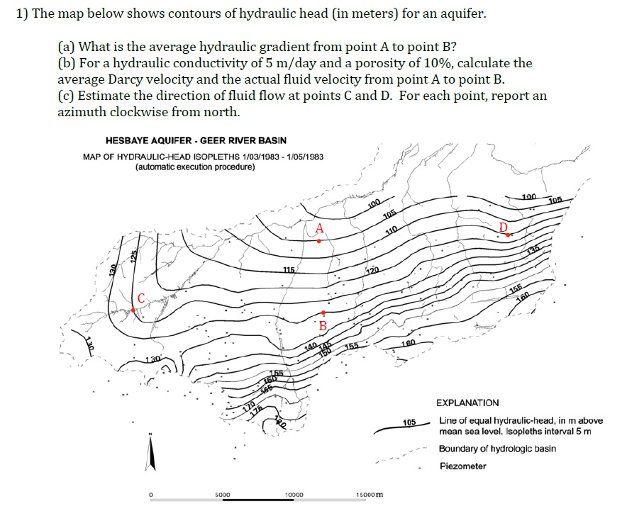 Solved The map below shows contours of hydraulic head (in | Chegg.com