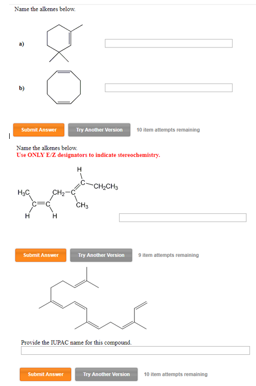 Solved Name the alkenes below. an) b) Submit Answer Try | Chegg.com