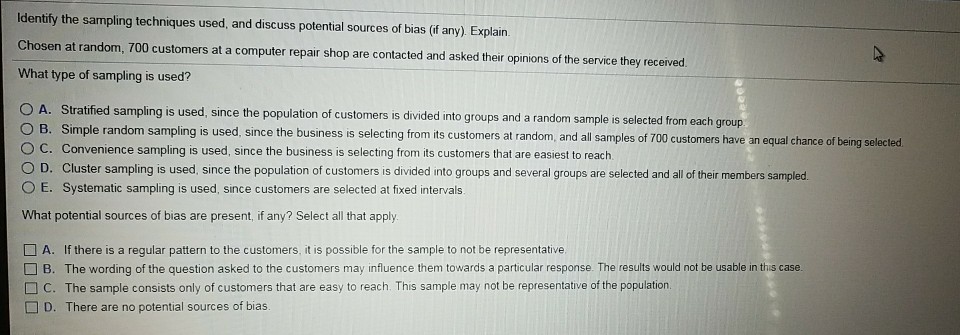 Solved Identifly the sampling techniques used, and discuss | Chegg.com