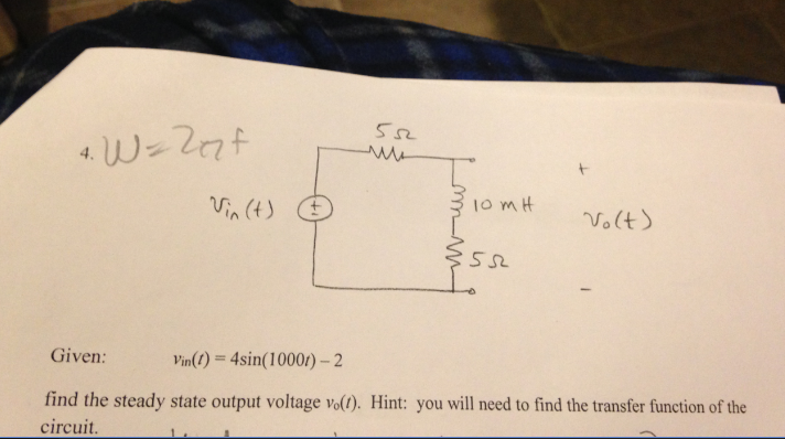 Solved Given: v_in(t) = 4sin(1000t) - 2 find the steady | Chegg.com
