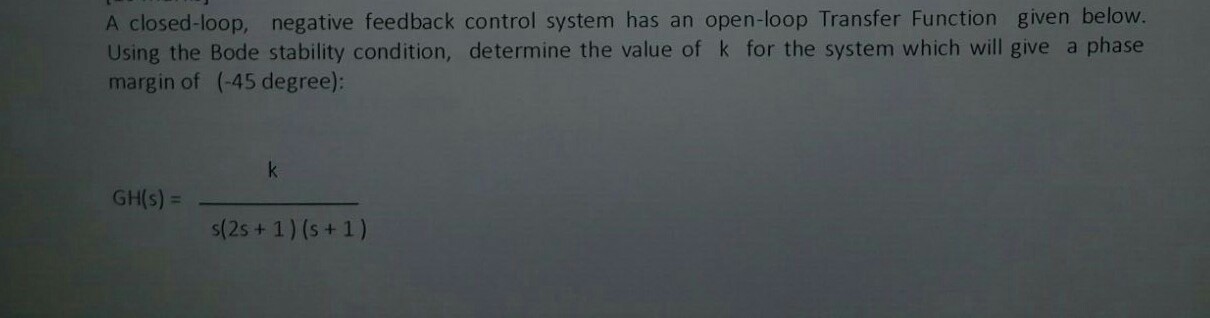 Solved A closed-loop, negative feedback control system has | Chegg.com