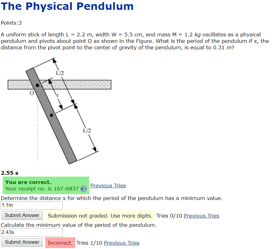 Solved The Physical Pendulunm Points:3 A uniform stick of | Chegg.com