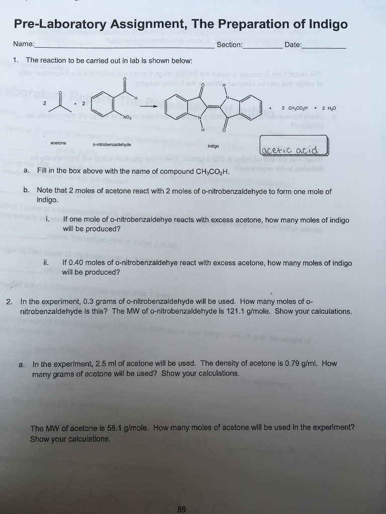 Solved Pre-Laboratory Assignment, The Preparation of Indigo | Chegg.com