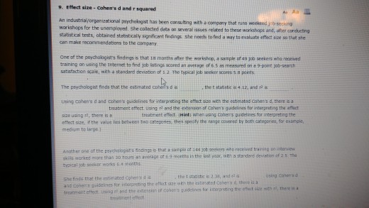 Solved 9. Effect size- Cohen's d and r squared An | Chegg.com