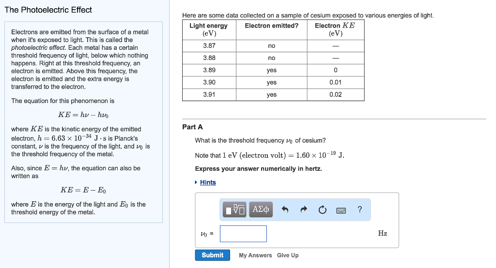 Solved The Photoelectric Effect Here are some data collected | Chegg.com