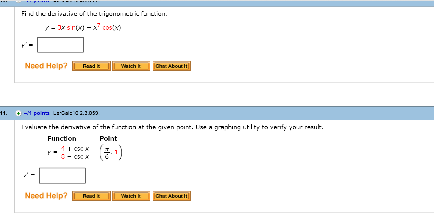 Solved Find the derivative of the trigonometric function. y | Chegg.com