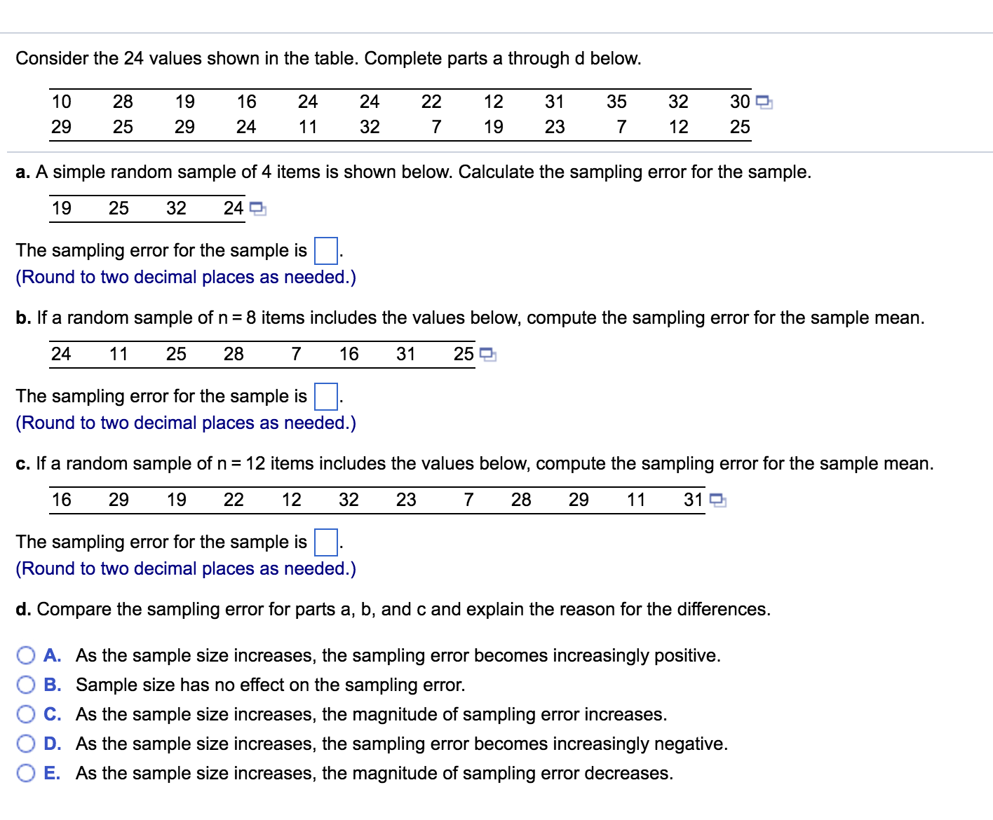 Solved Consider the 24 values shown in the table. Complete | Chegg.com