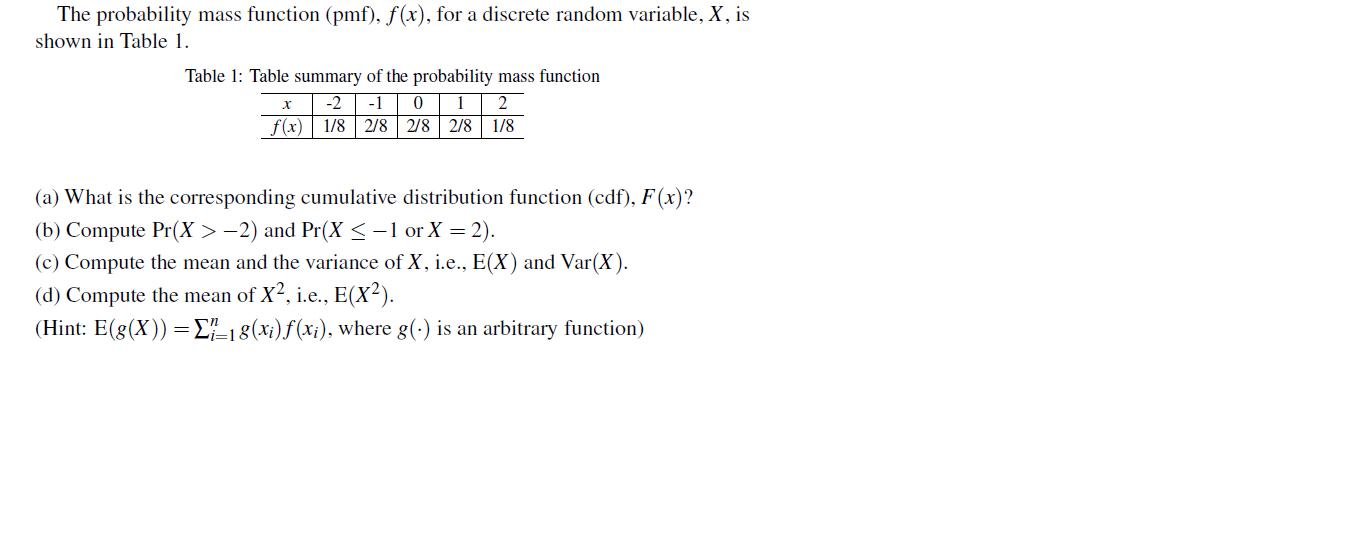 Solved The probability mass function (pmf), f(x), for a | Chegg.com Solved The probability mass function (pmf), f(x), for a | Chegg.com