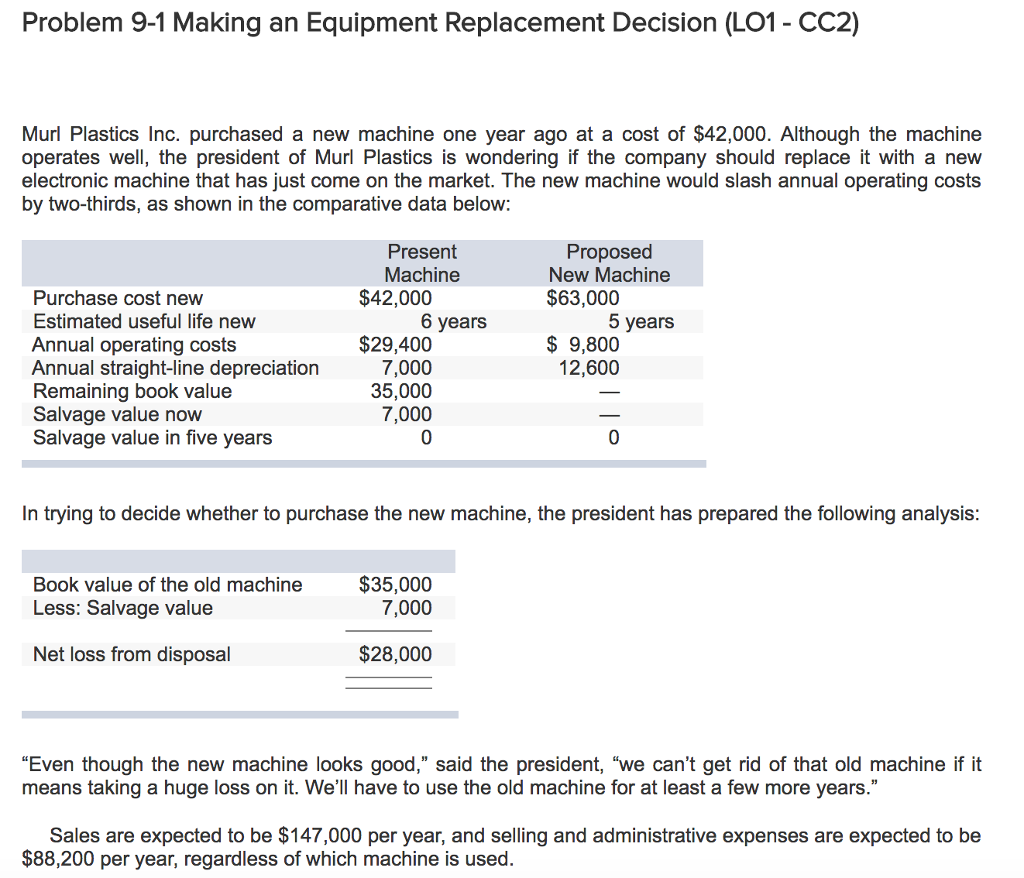 Solved Problem 9-1 Making an Equipment Replacement Decision | Chegg.com