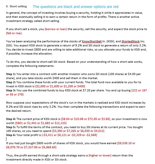 Solved Short selling The questions are black and answer | Chegg.com