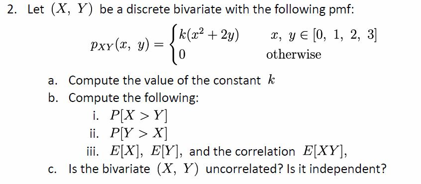 Solved Let (X, Y) be a discrete bivariate with the following | Chegg.com