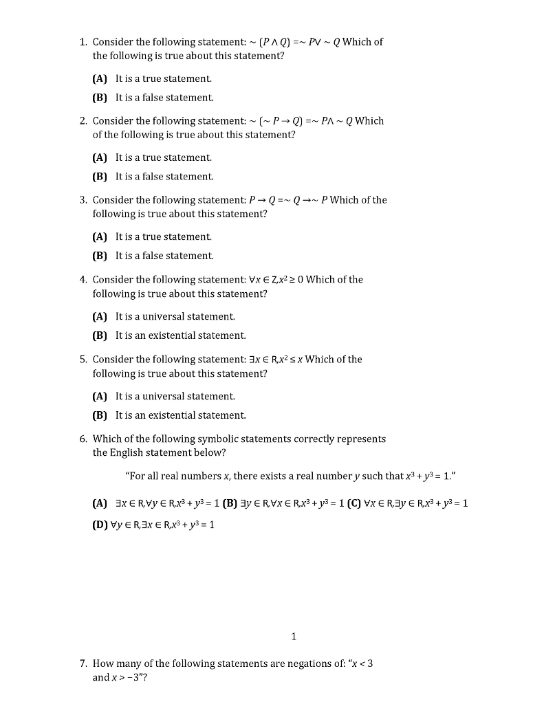 Solved I. Consider the following statement: ~ [PA Q) =~ Pv ~ | Chegg.com