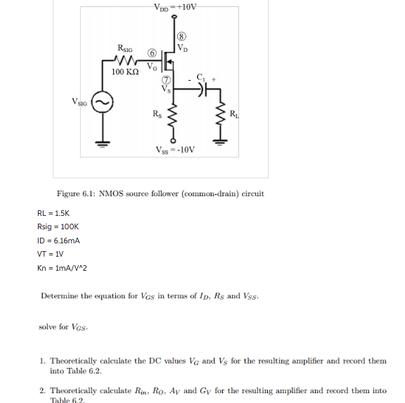 RL = 1.5 K Rsig = 100 K ID = 6.16 mA VT = 1V Kn | Chegg.com