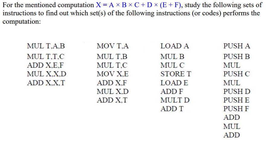 Solved For the mentioned computation X = A × B × C + D × (E | Chegg.com
