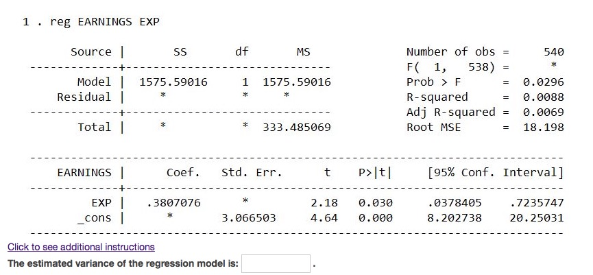 Solved 1 . reg EARNINGS EXP Source MS Number of obs = 540 1, | Chegg.com