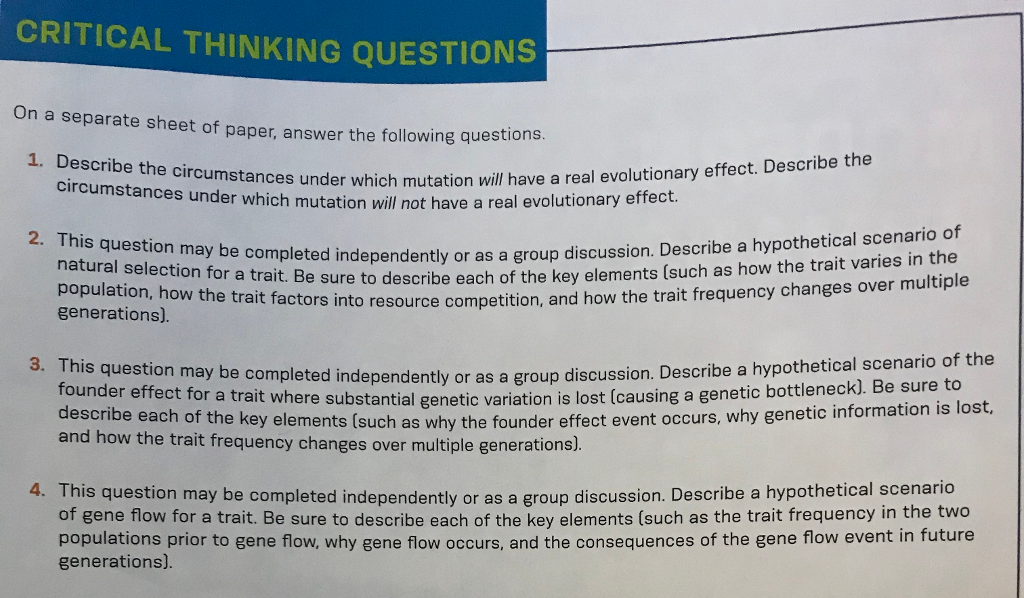 Solved CRITICAL THINKING QUESTIONS n a separate shee t of | Chegg.com