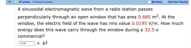 Solved A sinusoidal electromagnetic wave from a radio | Chegg.com