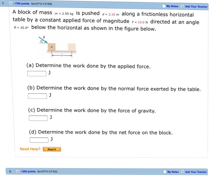 Solved A block of mass m = 2.50 kg is pushed d = 2.10 m | Chegg.com
