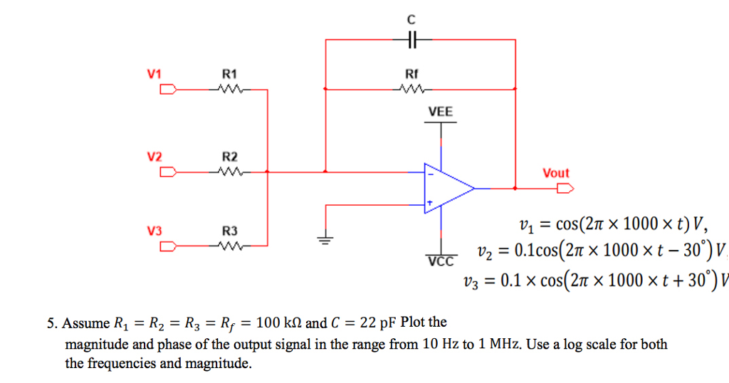 Solved V1 R1 RI VEE V2 R2 Vout v1 = cos(2π x 1000 x tv, V3 | Chegg.com