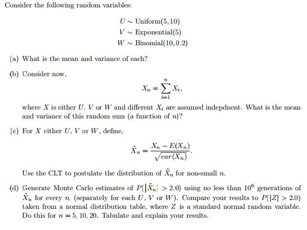 Solved Consider the following random variables: U | Chegg.com