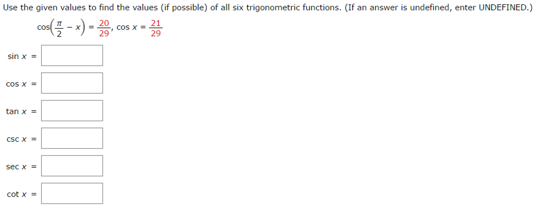 Solved Use the given values to find the values (if possible) | Chegg.com