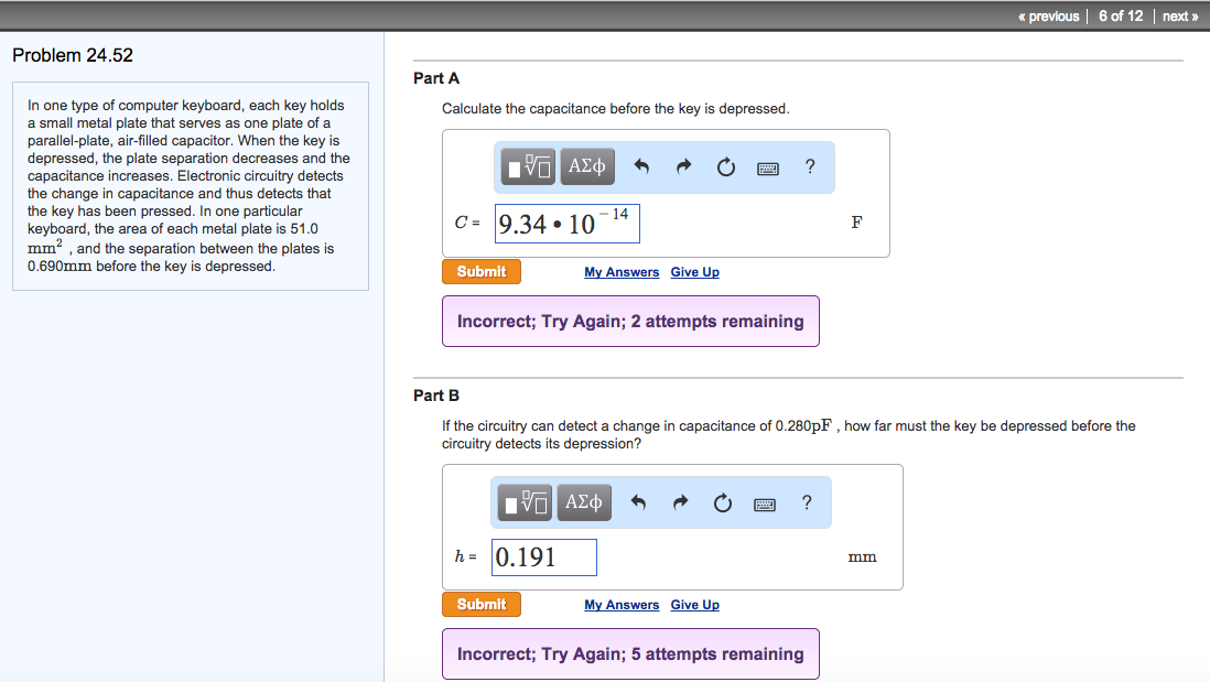Solved Problem 24.52 In one type of computer keyboard, each | Chegg.com